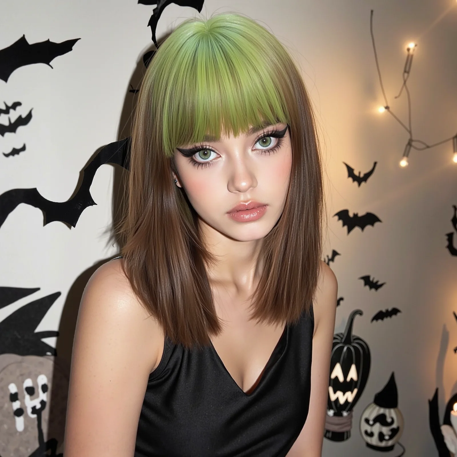 Halloween Short Green Mixed Brown Synthetic Wig Straight Bob Wig With ...