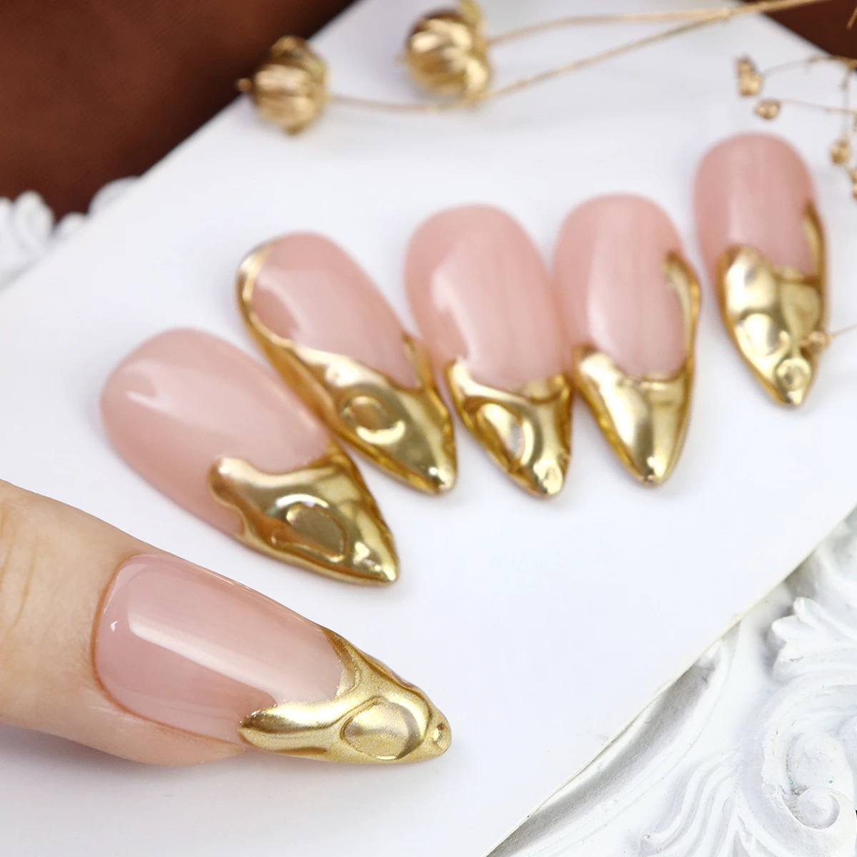 10pcs-Pure-Handmade-3D-Gold-Press-on-Nails-Metallic-Long-Almond-Fake ...