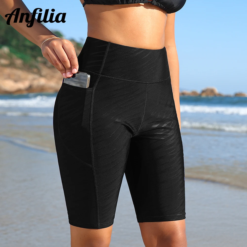 Anfilia-Women-Swimming-Shorts-Solid-High-Waist-Waterproof-Side-Pockets ...