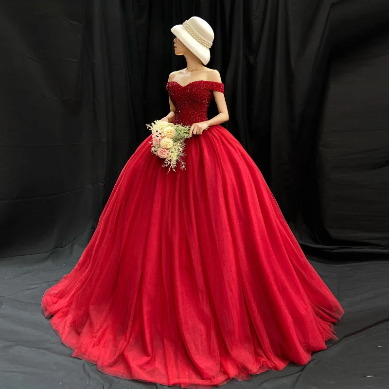 High-End-Ball-Gown-Evening-Dresses-Beads-Off-Shoulder-Tulle-Prom ...