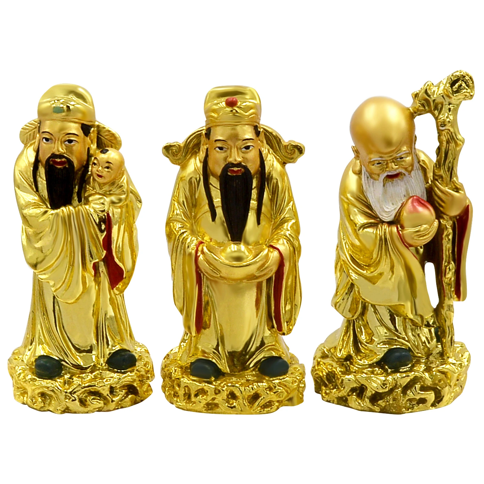 Feng Shui Golden Fu Lu Shou Three Goddesses Fuk Luk Sau H:5" C1037 1 ...