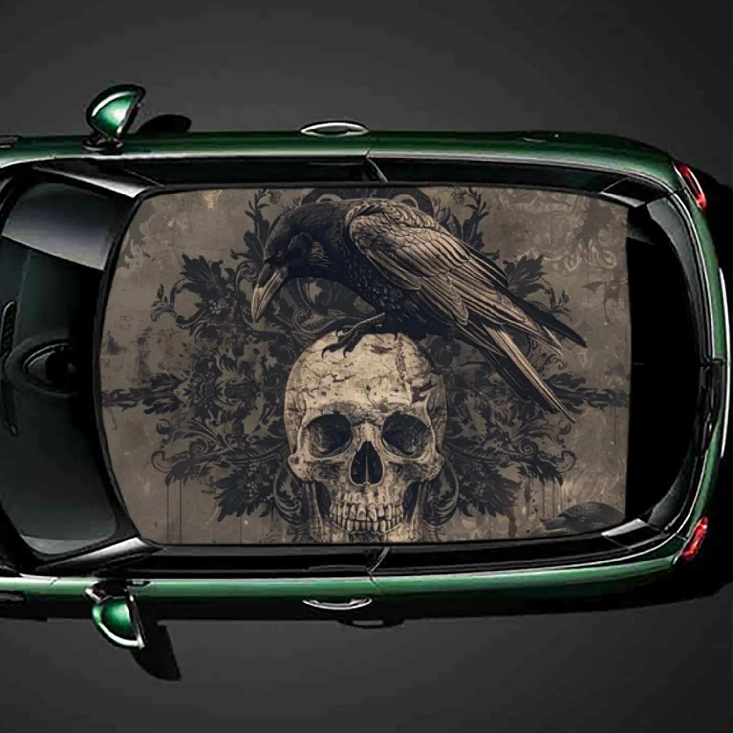 Dark Vintage Skull and Raven PVC Car Roof Vinyl Wrap, Self-Adhesive ...