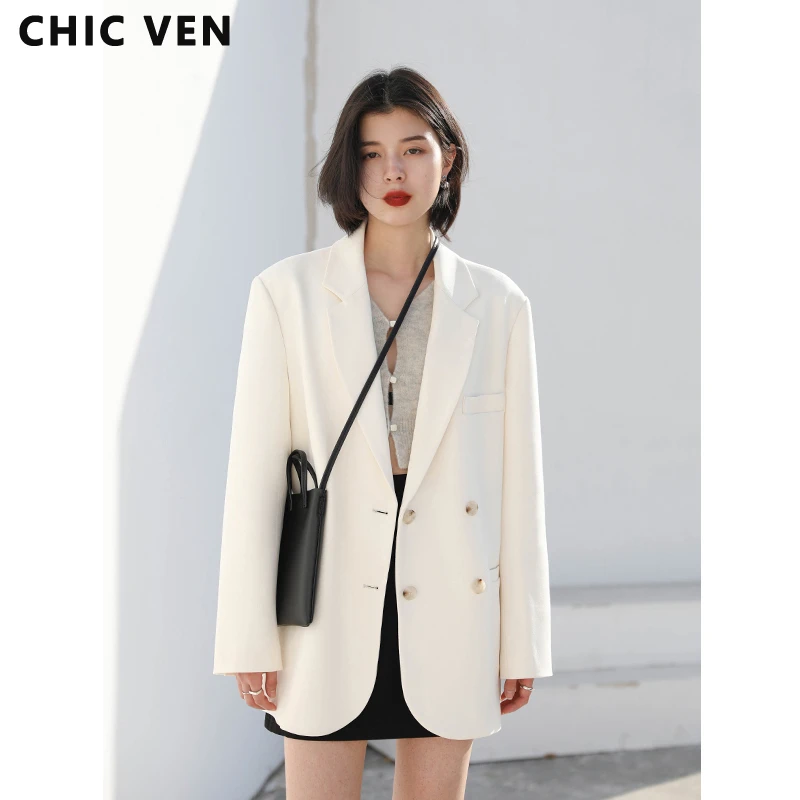 CHIC VEN 2021 여성용 긴팔 블레이저, 더블 브레스트, 중간 길이 캐주얼 코트, 여성 아우터, 세련된 상의, 오피스 ...
