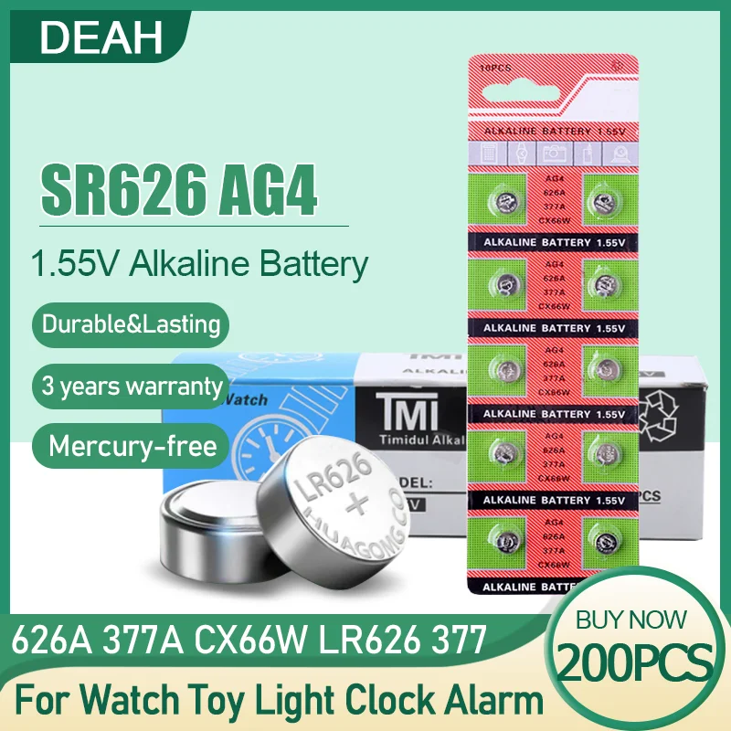 Batería alcalina para reloj de juguete, pila de botón AG4 SR626 200 377A LR626 SR626SW 377 626A ...