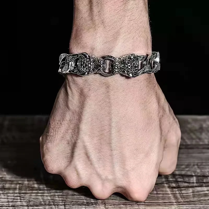 S925 Sterling Silver Leopard Head Ponytail Braided Bracelet Men's ...