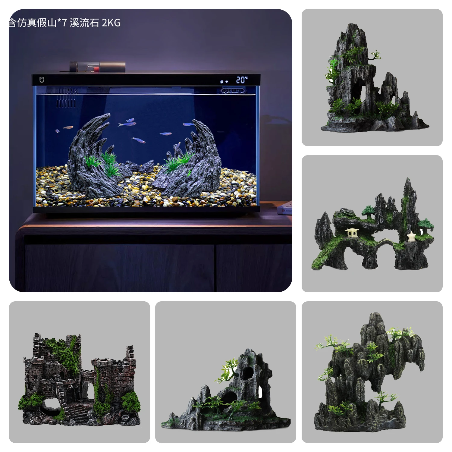 Fish-tank-landscaping-decoration-rockery-stone-grass-scenery-simulation ...