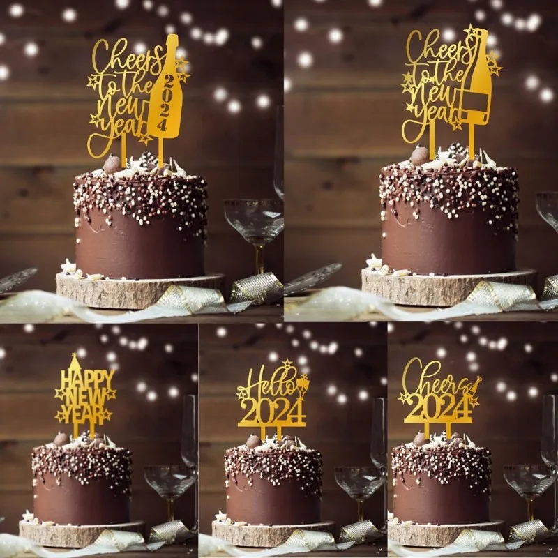 2024 Happy New Year Party Cake Toppers Gold Acrylic Merrry Christmas ...