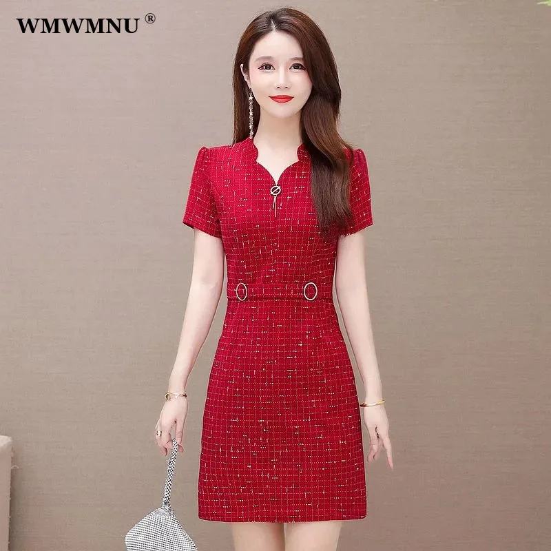 Big-Size-5xl-Plaid-Casual-Red-Mini-Dress-Women-Summer-Short-Sleeve ...