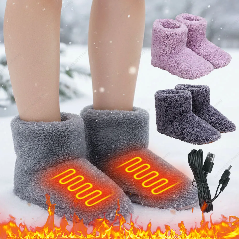 Plush USB Electric Heating Shoes Warm Footwear for Women Men Cozy ...
