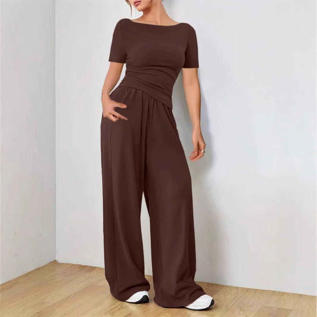 Women's Short-sleeved Two-piece Wide-leg Pants Suit Soft Wax Style Suit ...