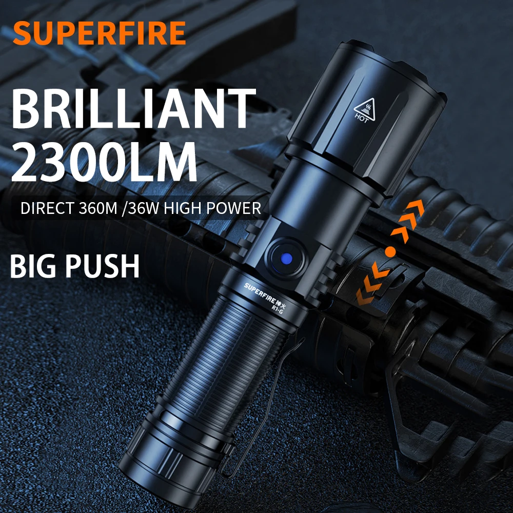SuperFire-R1-G-LED-Flashlight-Powerful-36W-Zoom-Torch-Type-C-2300LM-Super-Bright-Protable ...