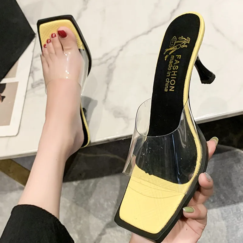 2022 Women Slippers Pvc Transparent High Heels Slippers Square Toe Mule ...
