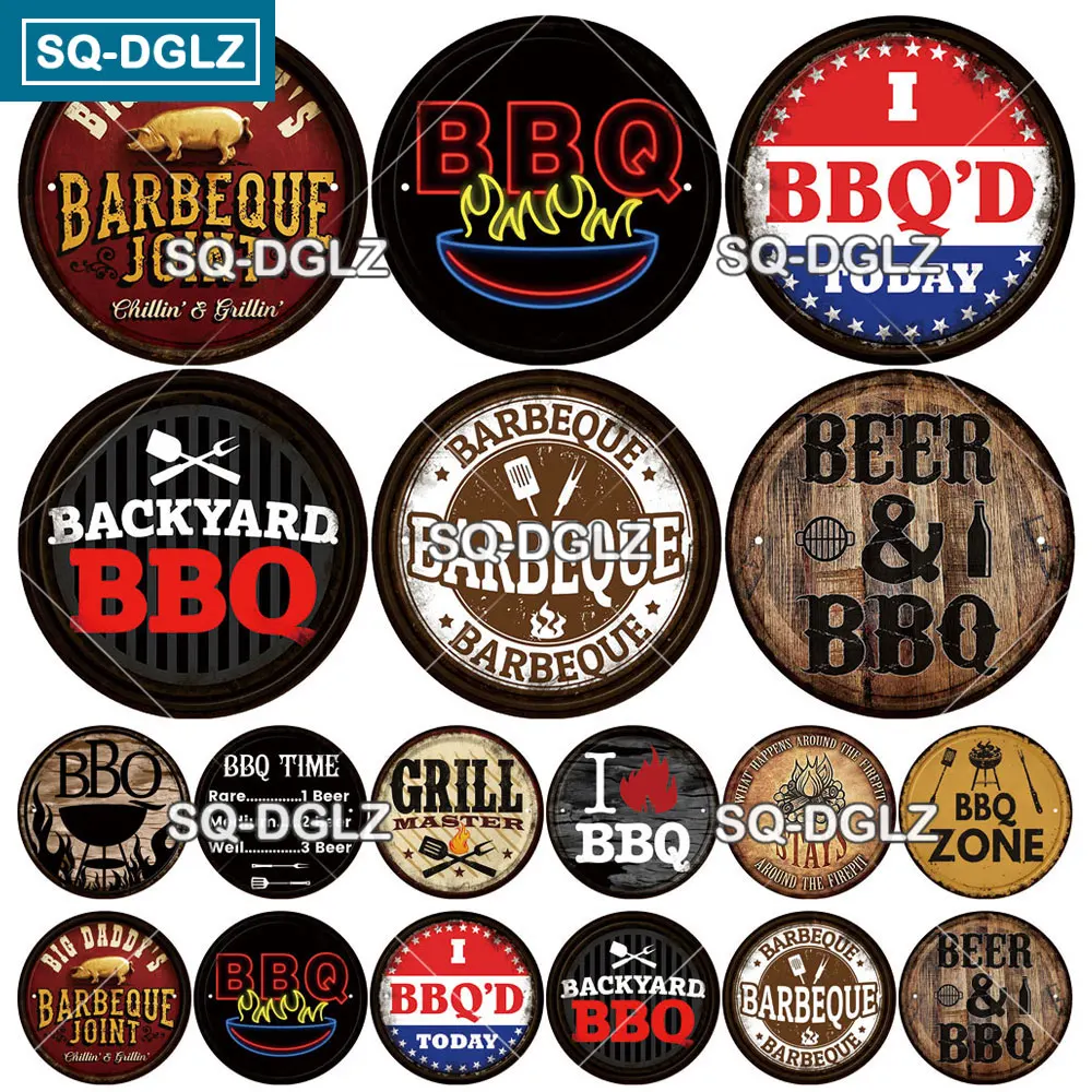 BBQ Metal Sign Vintage Plaque Round Tin Sign Wall Decor For Backyard ...