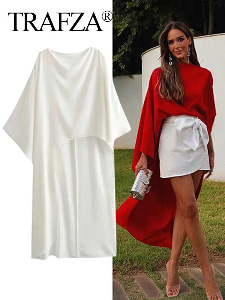 TRAF-Spring-Women-s-Asymmetric-Cape-Style-Red-Satin-Shirt-Fashionable ...