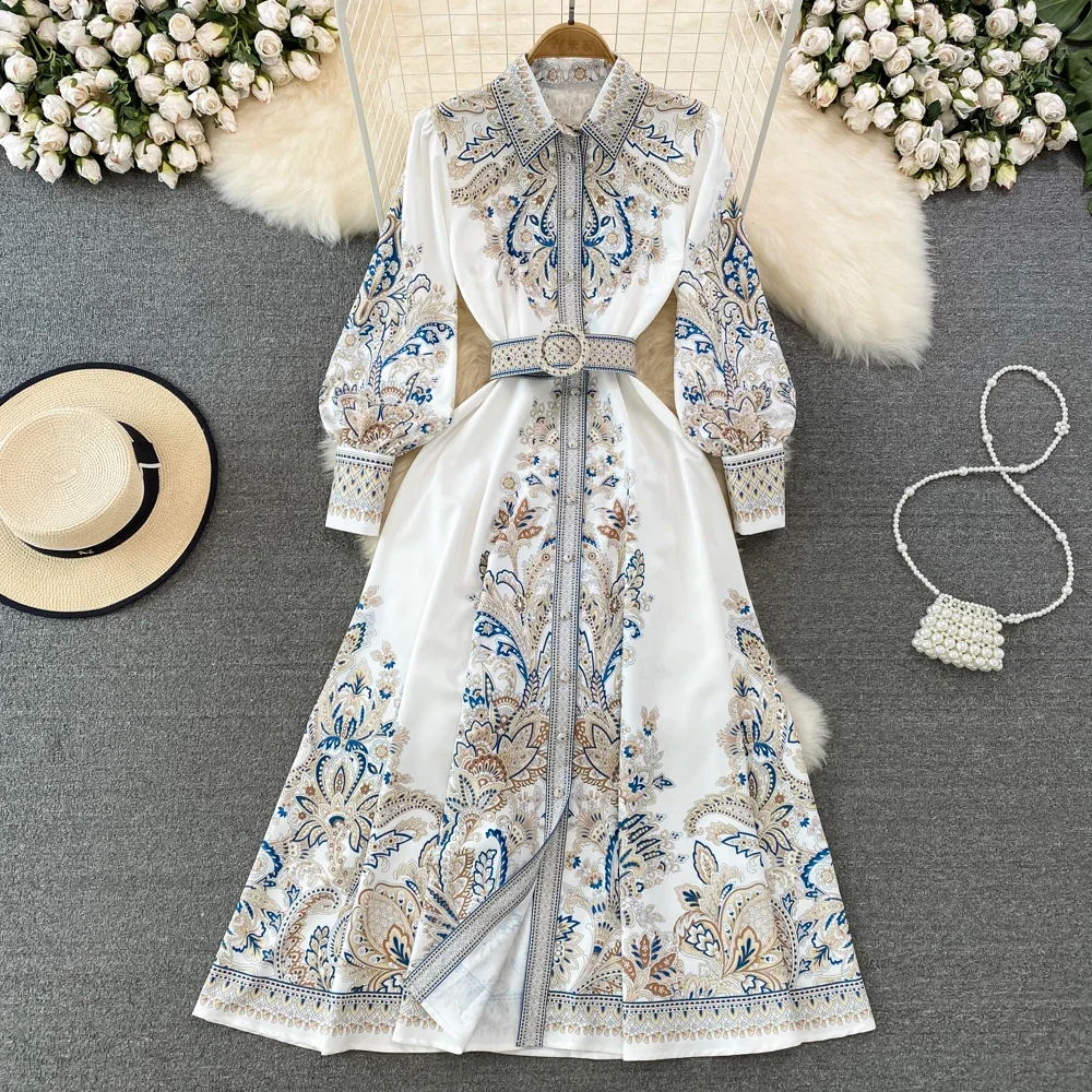Court-Style-Dress-for-Women-Floral-Printed-Turn-Down-Collar-Lantern ...