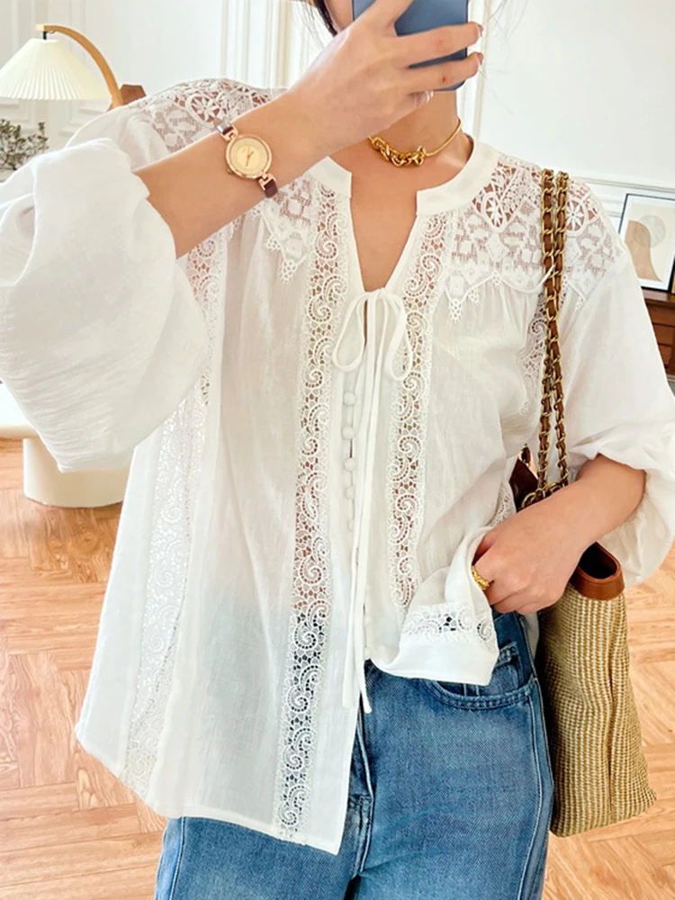 GypsyLady blusa blanca de encaje para mujer, camisa elegante de algodón bohemio, acampanada ...