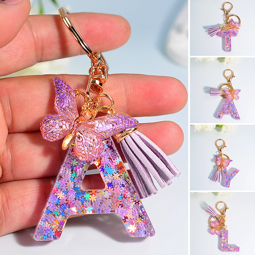 Purple-Snowflakes-Butterfly-A-To-Z-Letter-Keychain-26-Initials-Alphabet ...