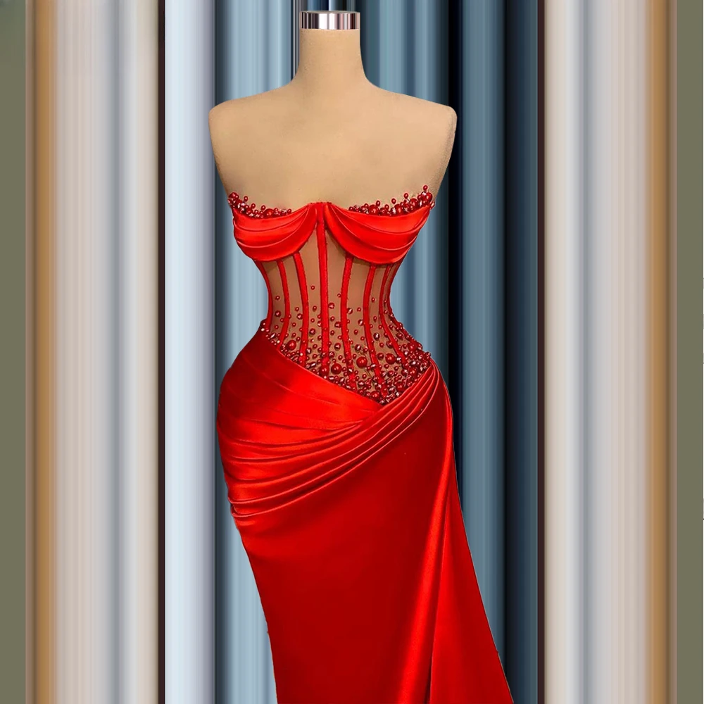 Bead Red Prom Evening Mermaid Dress Long Elegant Strapless Prom Dresses ...