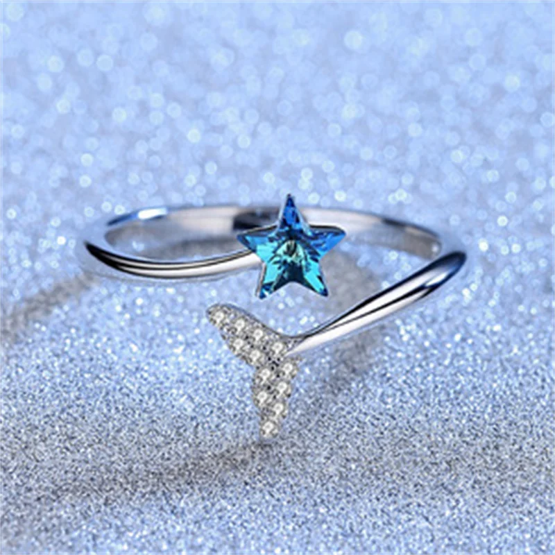 Cute-Mermaid-Tail-Rings-For-Women-Silver-Color-Blue-Crystal-Small-Star ...