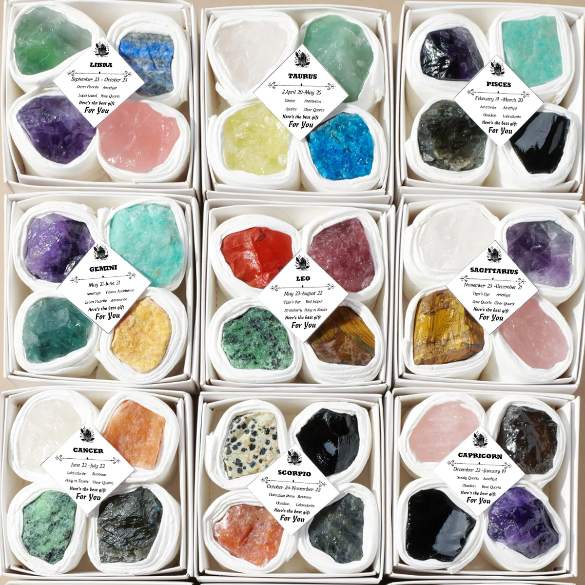 Natural Stone Crystal Twelve Constellations Raw Stone Set Box Home ...