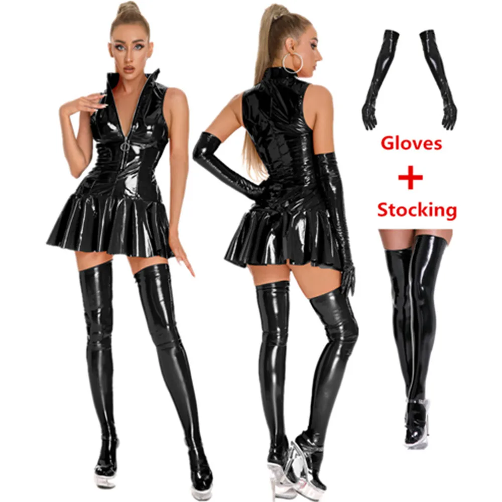 Women-s-Exotic-Leather-Dress-Wet-Look-Sexy-Bodycon-Pleated-Latex-Dress-High-Collar-Sleeveless ...