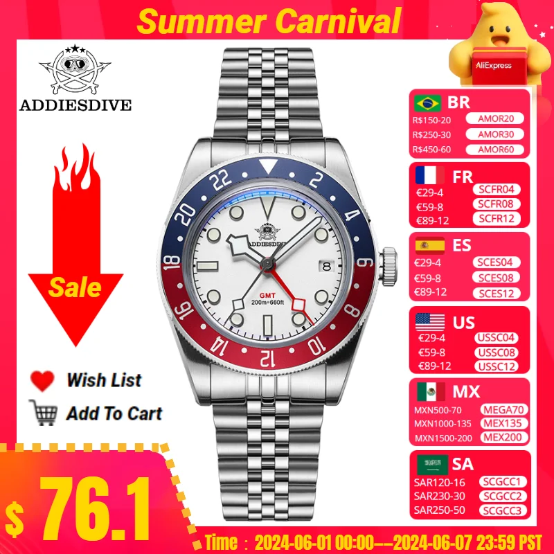 ADDIESDIVE-39mm-GMT-Watch-Quartz-Watches-Blue-Super-Luminous-Bubble ...