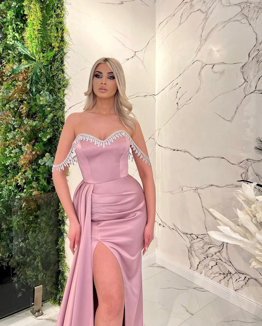 High Side Split Satin Off the Shoulder Beading Crystal Evening Dresses