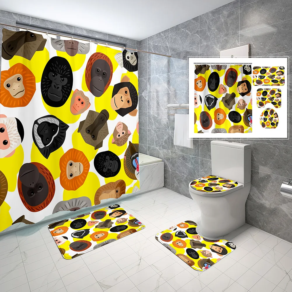 Cartoon-Shower-Curtain-Set-Cute-Monkey-Orangutan-lion-Cartoon-Pattern ...
