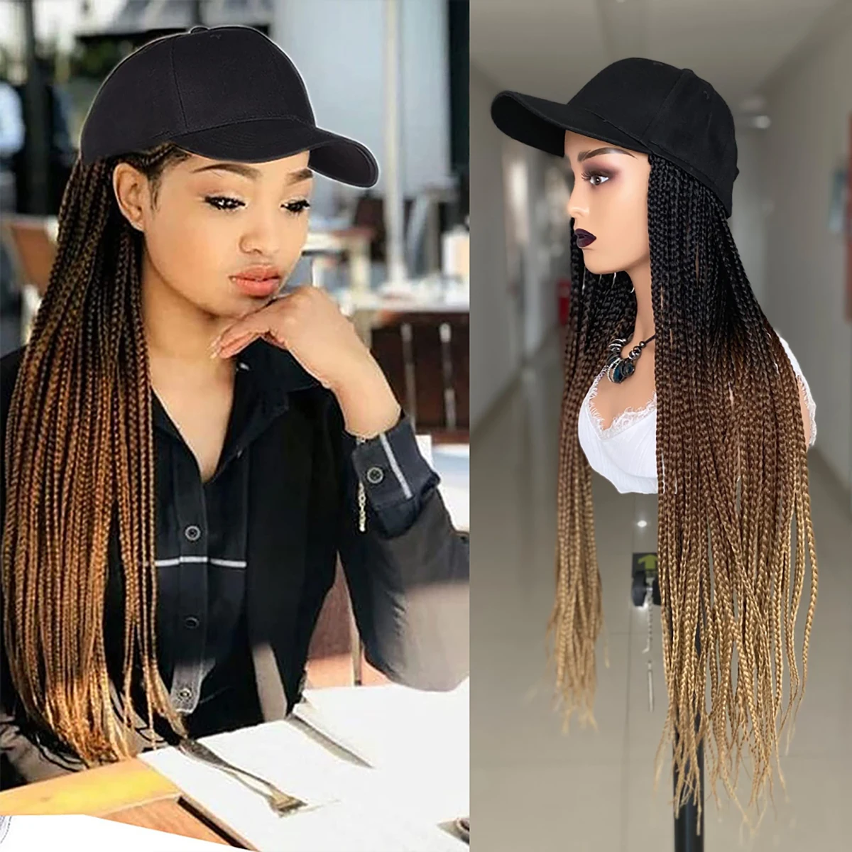 Long Baseball Hat Hooded Synthetic Wigs Cap With 3 Twist Box Braids ...