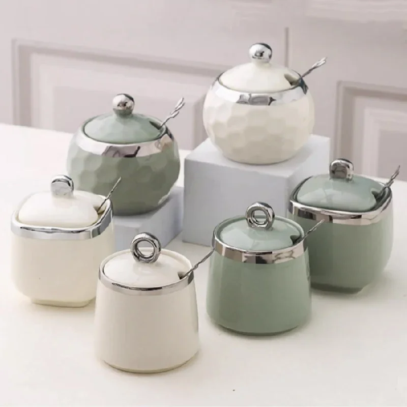 Ceramic Seasoning Jar with Spoon Kitchen Seasoning Storage Box Salt and ...