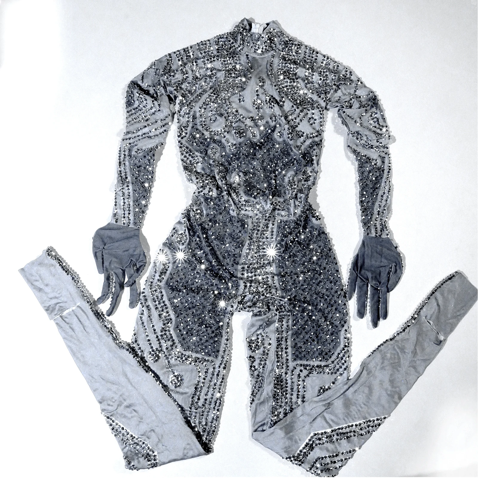 Sexy Luxury Rhinestone Grey Jumpsuit Sliver Long Bodysuit Birthday ...