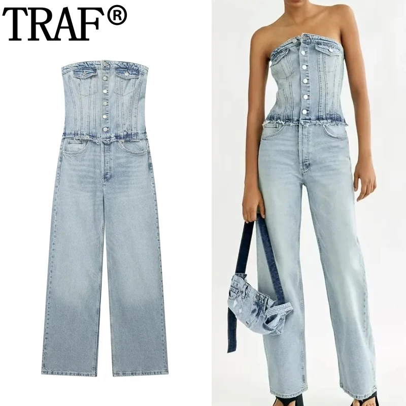 TRAF-Macac-o-Jean-azul-sem-ombro-feminino-macac-o-jeans-ruched-macac-o ...