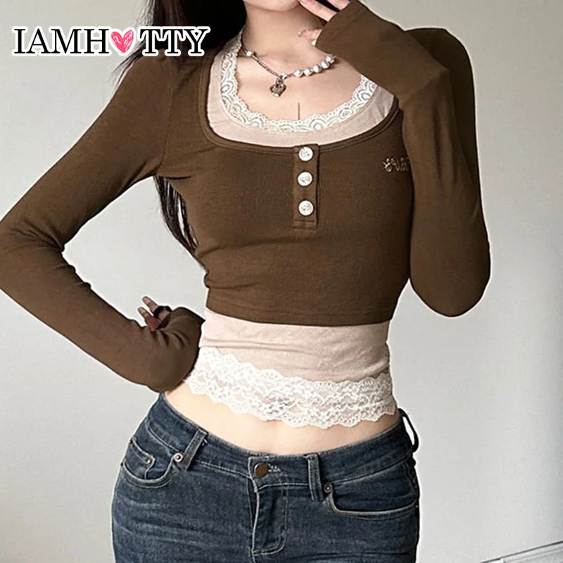 IAMHOTTY-Korean-Style-Contrast-Patchwork-Cropped-Top-Women-Cute-Casual-Basic-Buttoned-Crew-Neck ...