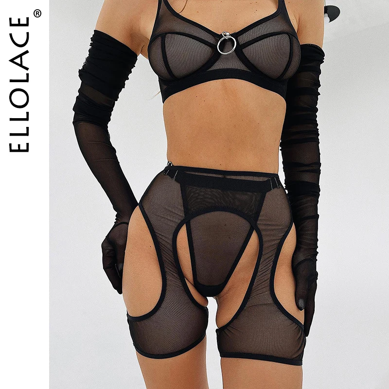 Ellolace 여성용 에로틱 오픈 가랑이 없는 섹시 란제리 브라 세트 가터 벨트 3 피스 섬세한 속옷 심리스 이국적인 의상