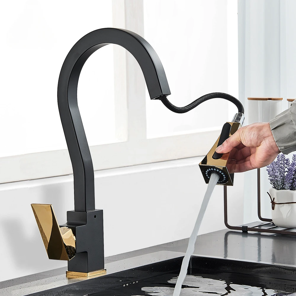 Black-Gold-Gourmet-Kitchen-Faucet-with-Flexible-Pull-Down-Sprayer ...