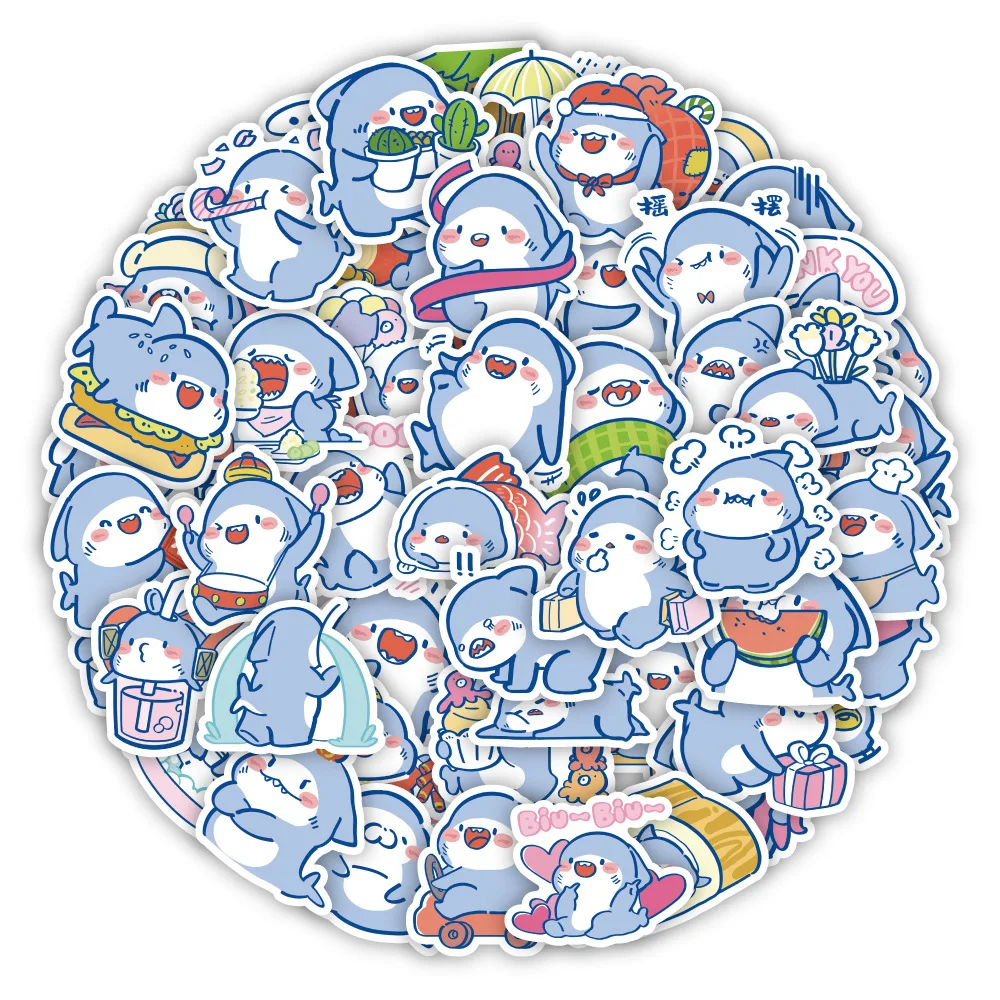 50-100Pcs-INS-Novelty-Cartoon-Cute-Shark-Stickers-PVC-Waterproof ...