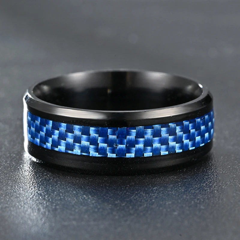 8MM Men's Stainless Steel Black Color Ring Inlay Blue Carbon Fiber Wedding Band for Women Men ...