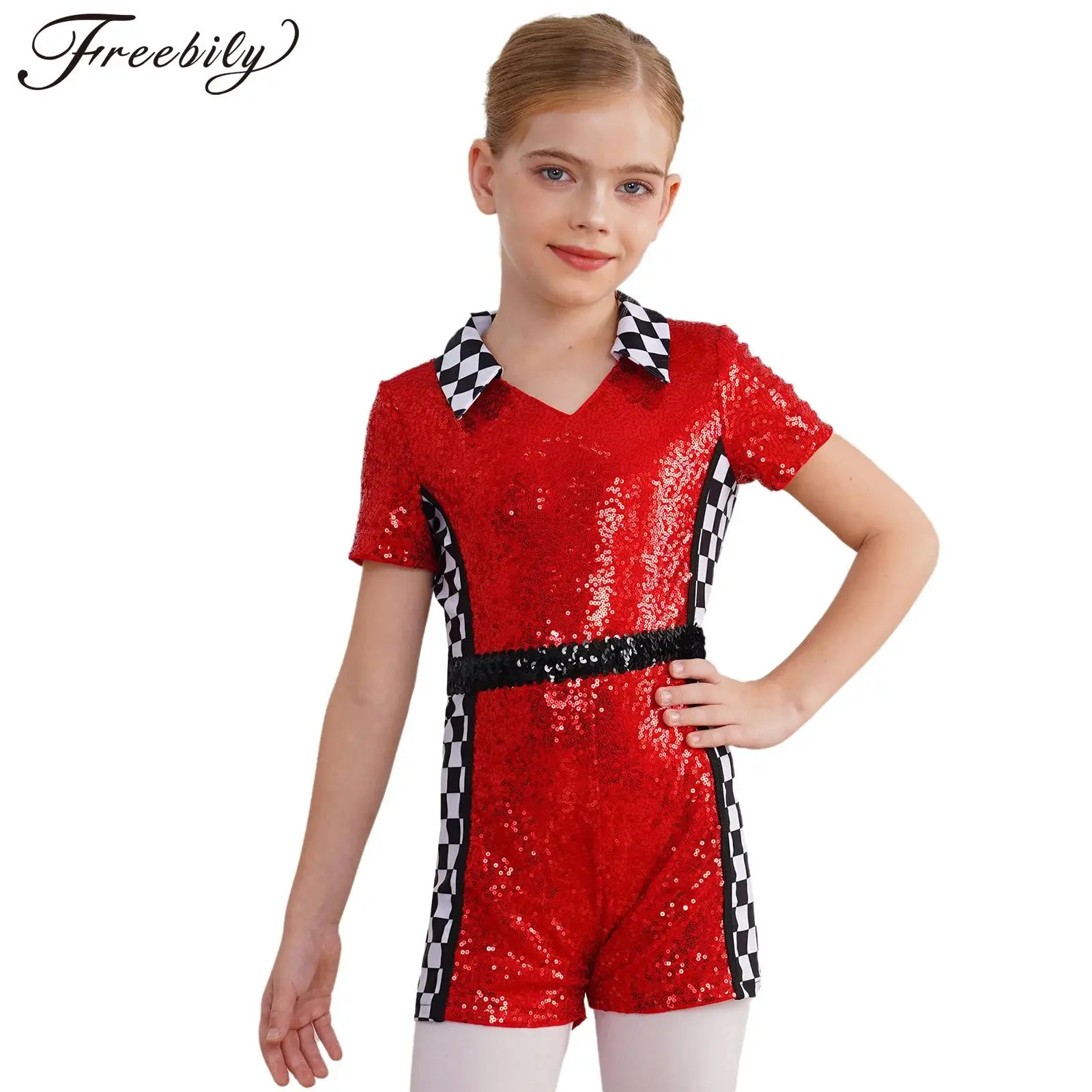 Kids-Girls-Checkerboard-Car-Racer-Driver-Costume-Short-Sleeve-Shiny ...