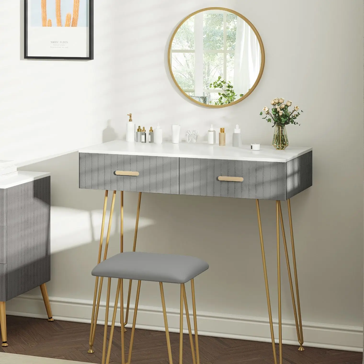 Modern Gray Dressing Table with Stool,Mirror,Drawers,Elegant Cosmetic ...