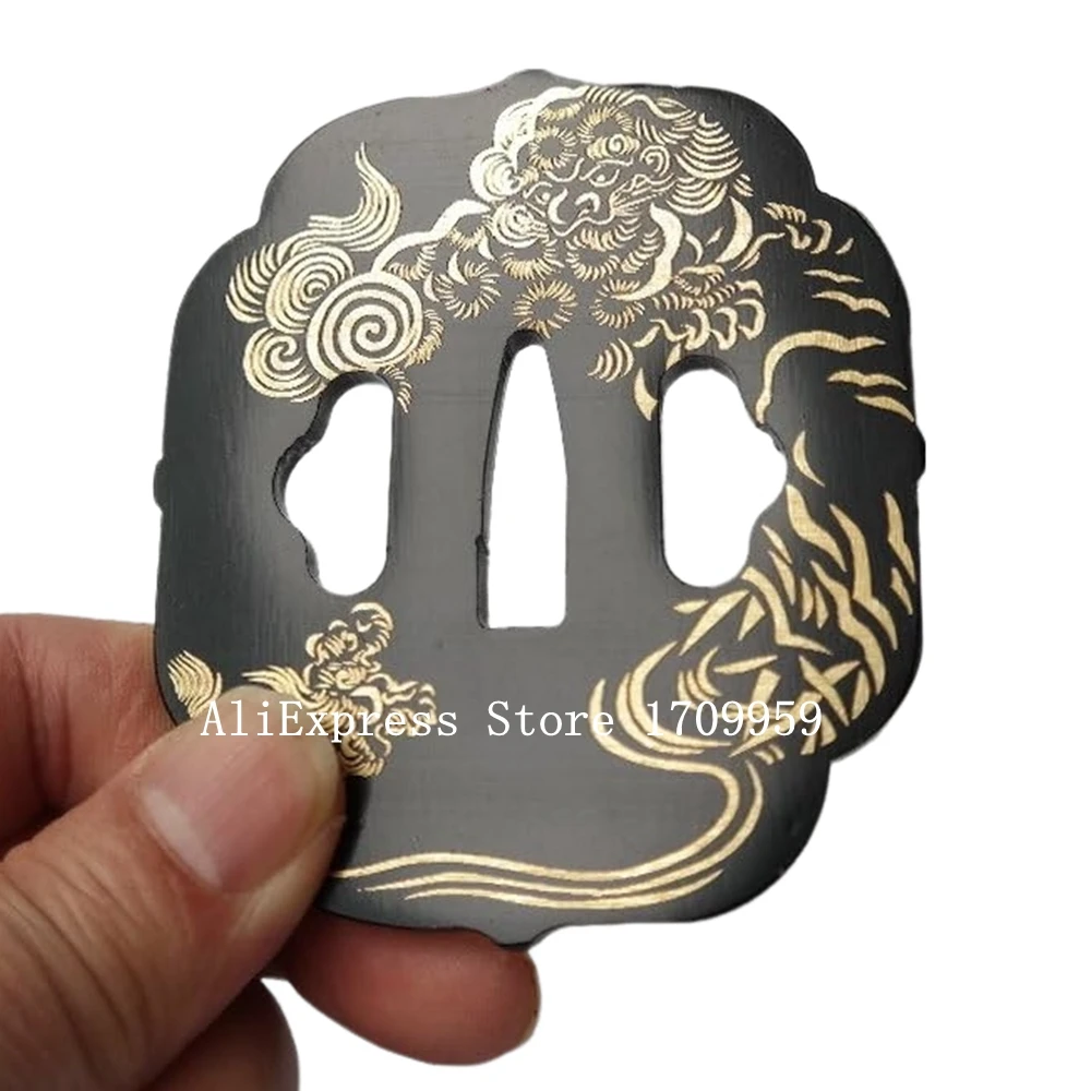 Black-Golden-Tsuba-Painting-Lion-HandGuard-For-Japanese-Sword-Samurai ...