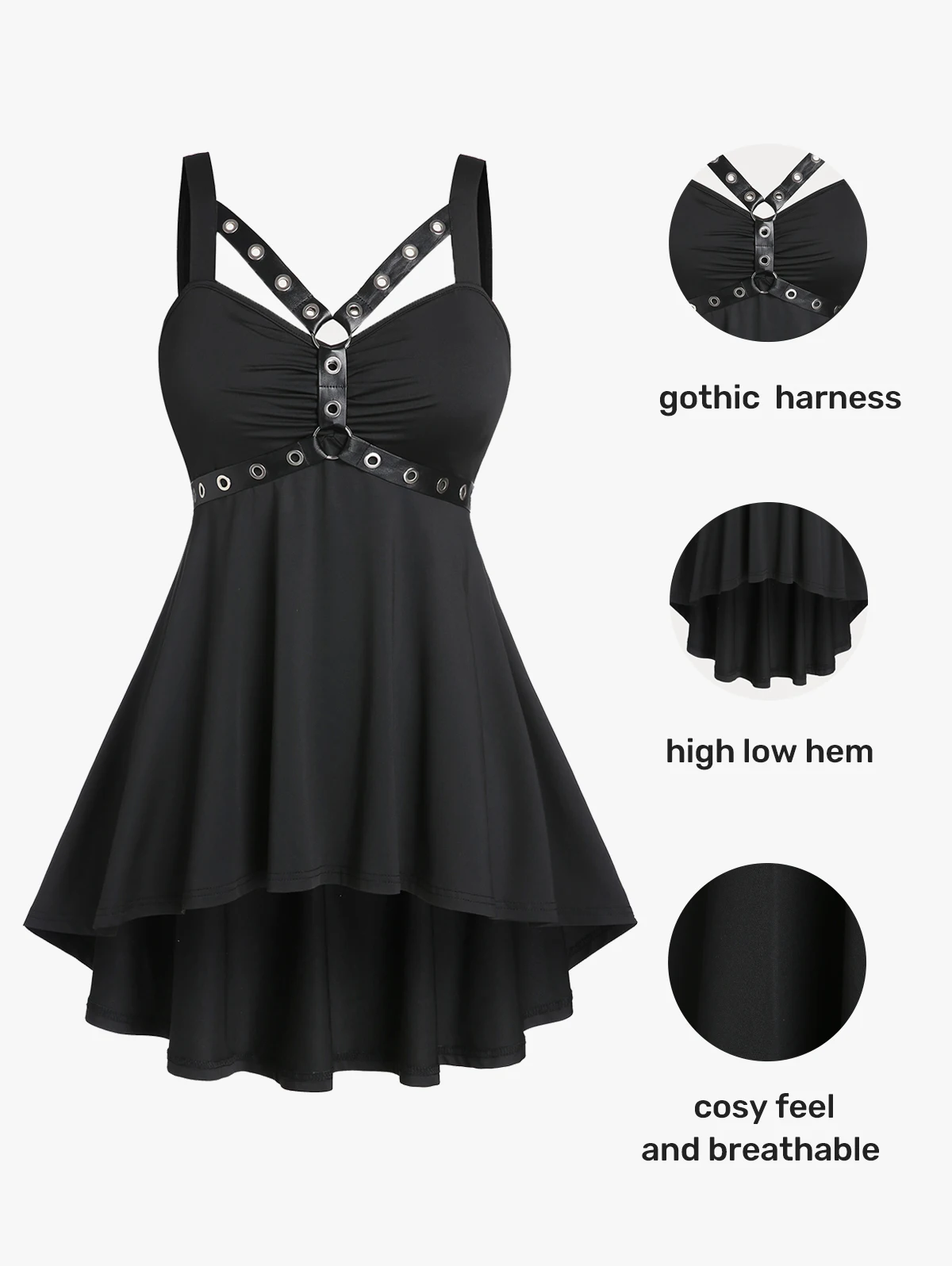 Rosegal Gothic Harness High Low Tank Solid Black,red Sweetheart Neck ...