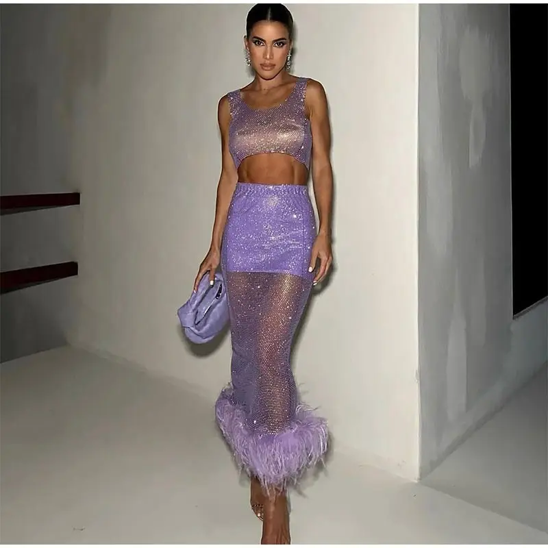 Women Translucent Mesh Vest Feather Skirt Two Piece Set Fashion See ...