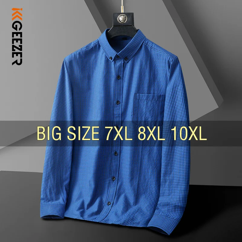 Men Shirt Plaid Oversize Long Sleeve 6XL 7XL 8XL 10XL Spring Plus Size ...
