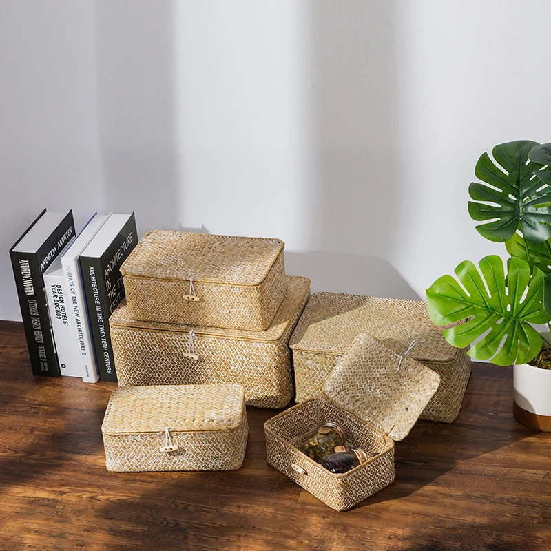 Woven-Straw-Box-with-Lid-Natural-Seagrass-Wicker-Storage-Basket-Laundry ...