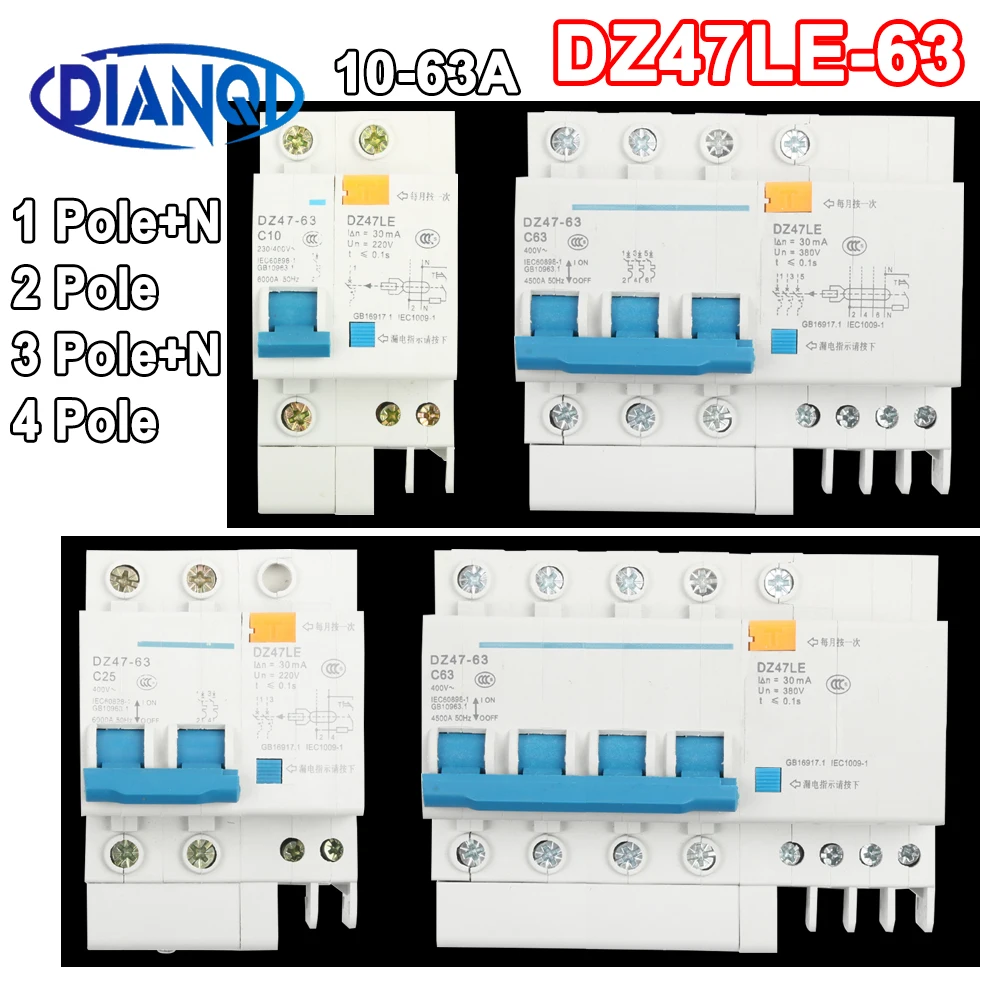 RCBO-DZ47LE-63-Household-Miniature-Circuit-Breaker-1P-2P-3P-4Pole-Air-Switch-Residual-Current ...
