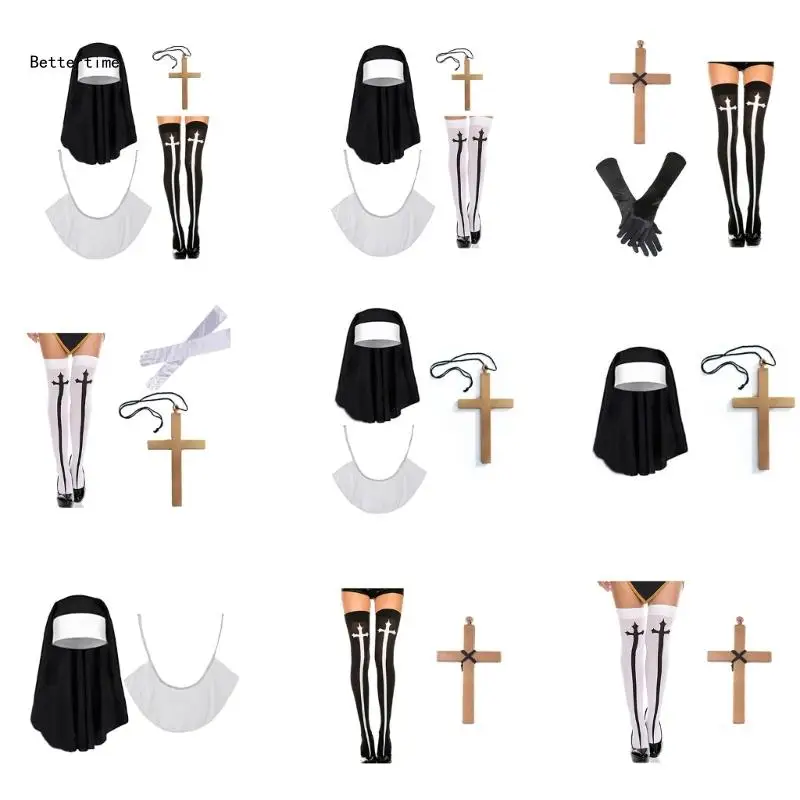 B36D-Nun-Costume-Set-Nun-Hat-Pendant-Necklace-Knee-Thigh-High-Socks-Nun ...