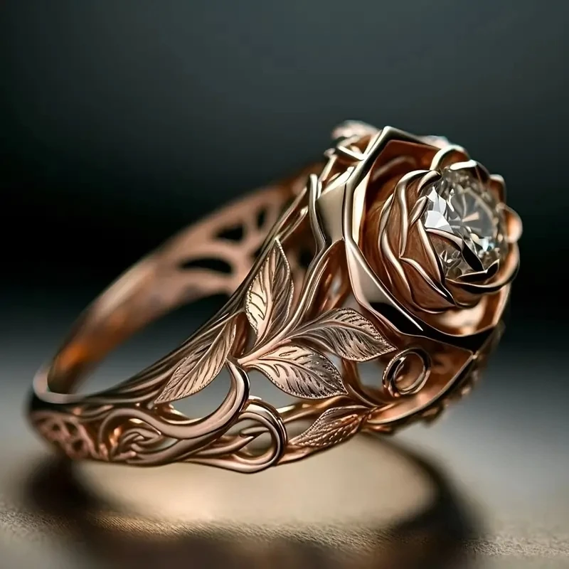 Huitan-Aesthetic-Rose-Gold-Color-Flower-Ring-Female-Engagement ...