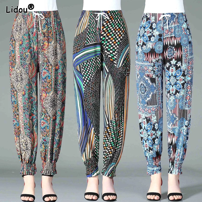 Knickerbockers Casual Pockets Appliques Elastic Waist Lace-up Geometric ...