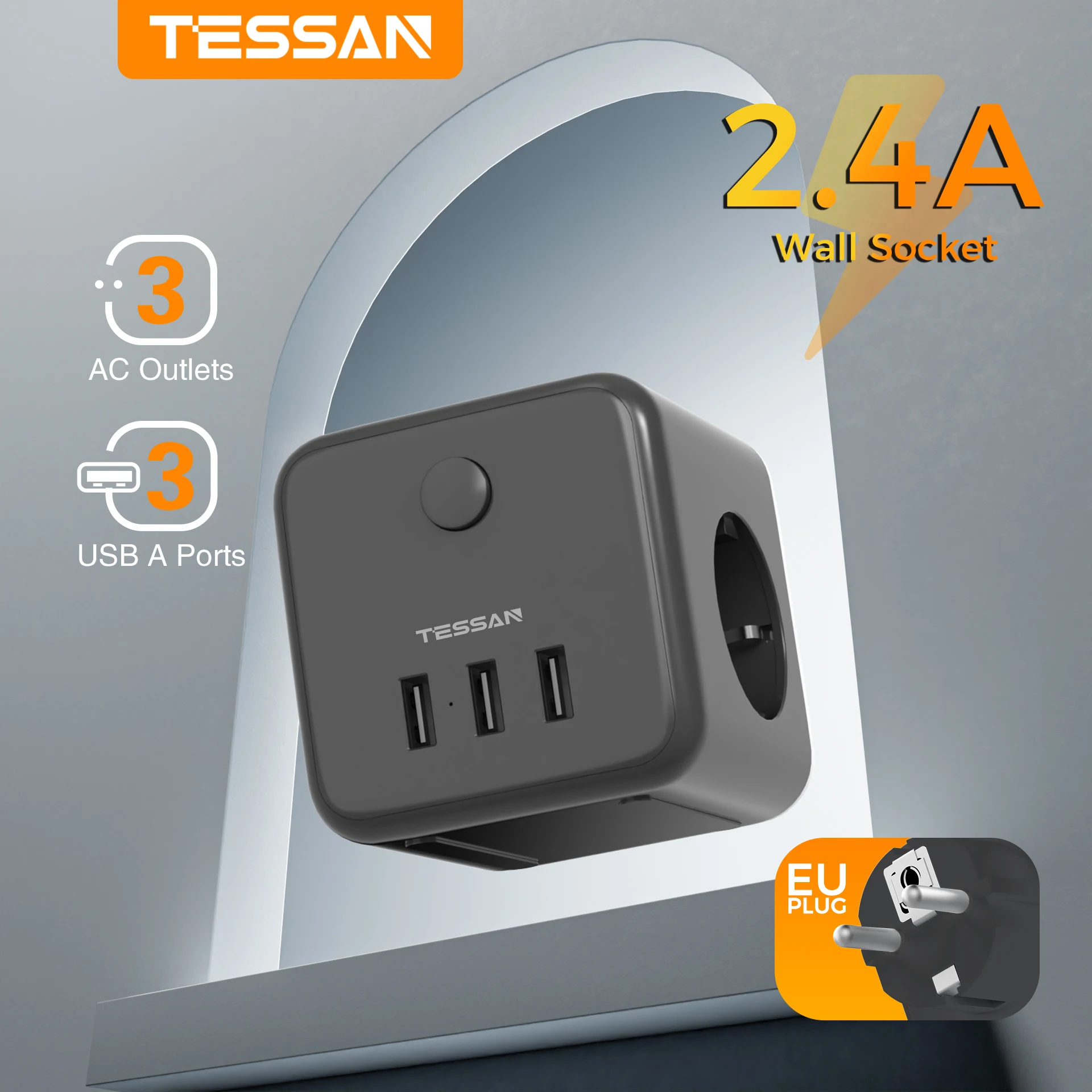 TESSAN-Black-Cube-Socket-Power-Strip-with-Switch-3-EU-Outlets-3-USB ...