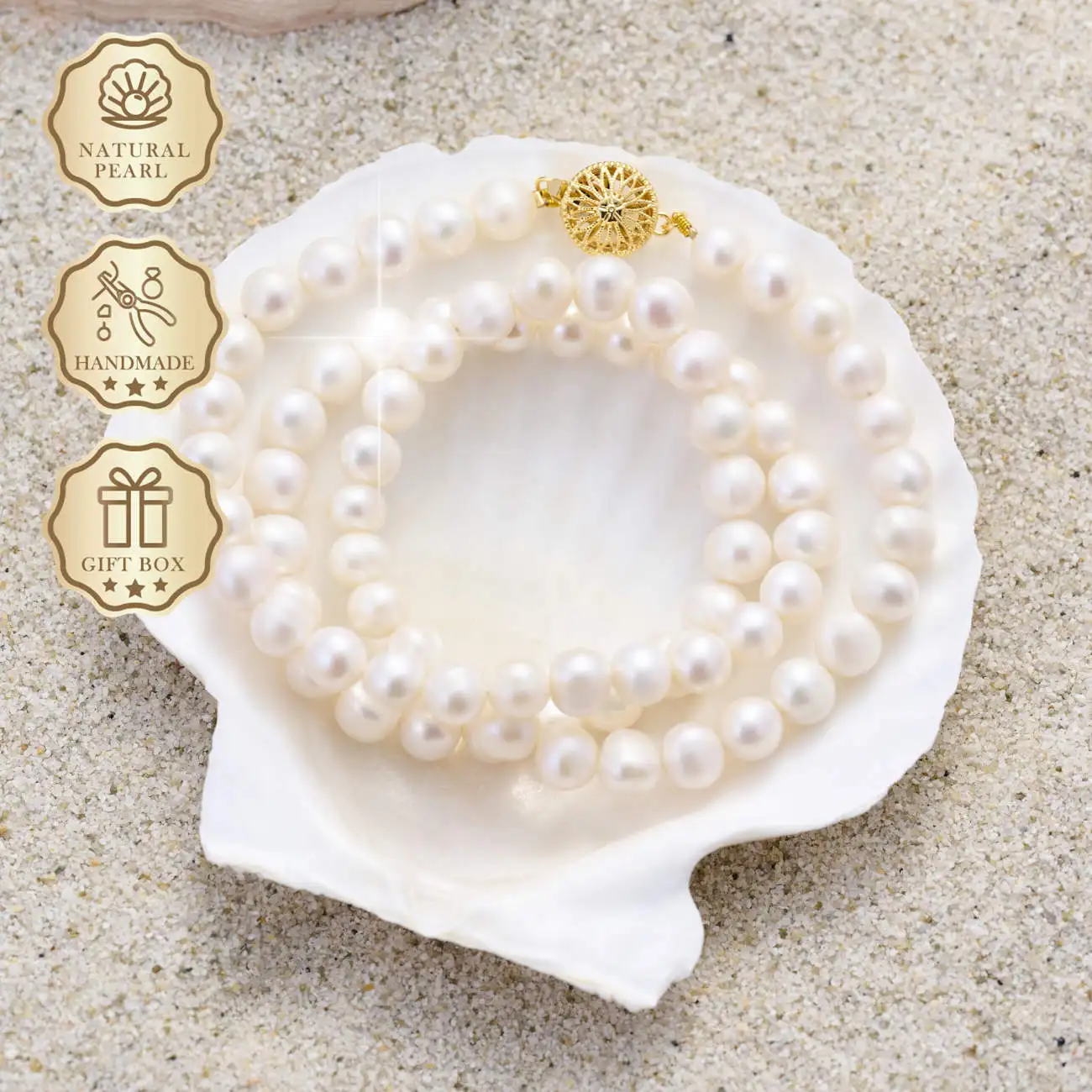 MYSOYA White Twisted Freshwater Pearl Necklace 8–9mm with Gold ...